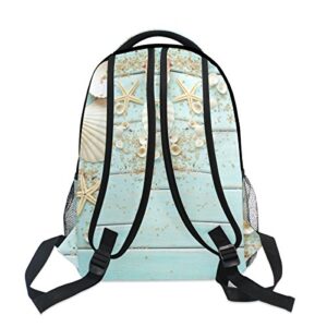 ZZKKO Beach Ocean Theme Starfish Seashell Wooden Style Boys Girls School Computer Backpacks Book Bag Travel Hiking Camping Daypack