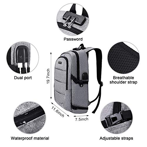 Laptop Backpack for Men & Women, Anti Theft Waterproof Backpack with USB Charging Port, Travel Business Backpack Fits Under 15.6-Inch Laptop Notebook, Grey