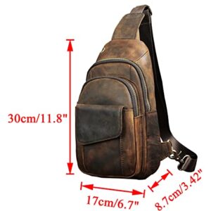 Le'aokuu Men Outdoor Casual Travel Hiking Tea Crossbody Chest Sling Bag Rig One Shoulder Strap Bag Backpack Men Leather (A 8013 Dark Brown)