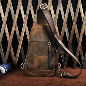 Le'aokuu Men Outdoor Casual Travel Hiking Tea Crossbody Chest Sling Bag Rig One Shoulder Strap Bag Backpack Men Leather (A 8013 Dark Brown)