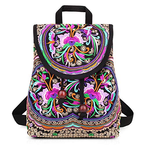 MAZEXY Embroidered Backpack for Women, Boho Shoulder Bag Vintage Ethnic Flower Cross-body Bag (Pink)