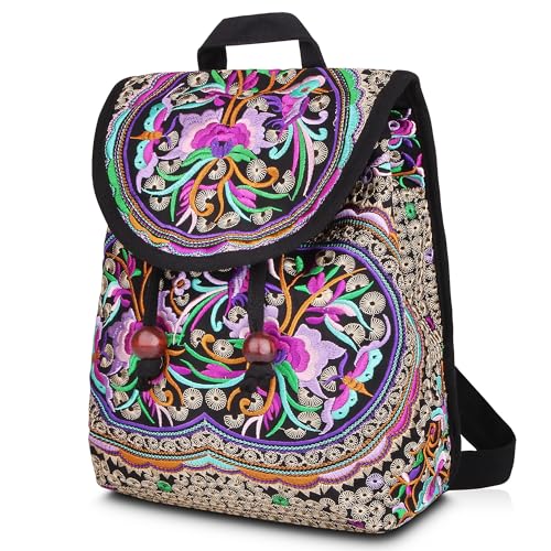 MAZEXY Embroidered Backpack for Women, Boho Shoulder Bag Vintage Ethnic Flower Cross-body Bag (Pink)