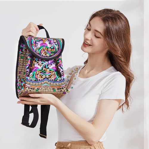 MAZEXY Embroidered Backpack for Women, Boho Shoulder Bag Vintage Ethnic Flower Cross-body Bag (Pink)