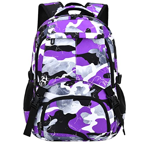 Ladyzone Camo School Backpack Lightweight Schoolbag Travel Camp Outdoor Daypack (BL Camo Purple)