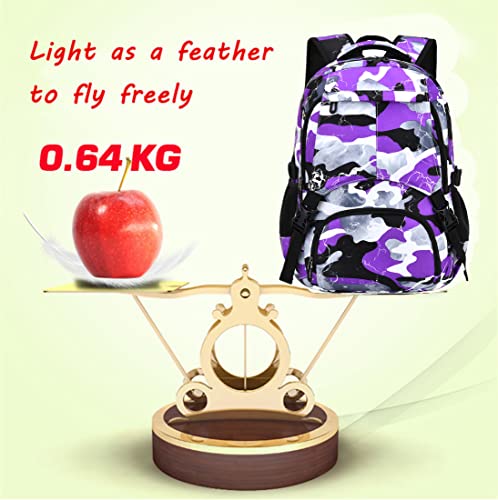 Ladyzone Camo School Backpack Lightweight Schoolbag Travel Camp Outdoor Daypack (BL Camo Purple)