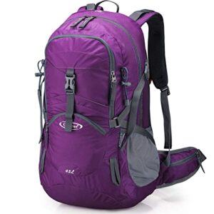 g4free 45l hiking travel backpack waterproof with rain cover, outdoor camping daypack for men women(purple red)