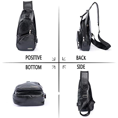 Vintage Men's Leather Sling Bag,Chest Shoulder Backpack, Water waterproof Crossbody Bag with USB Charging Port -Black