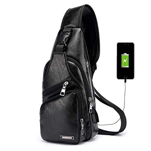 Vintage Men's Leather Sling Bag,Chest Shoulder Backpack, Water waterproof Crossbody Bag with USB Charging Port -Black