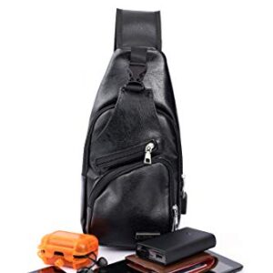 Vintage Men's Leather Sling Bag,Chest Shoulder Backpack, Water waterproof Crossbody Bag with USB Charging Port -Black