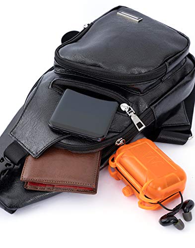 Vintage Men's Leather Sling Bag,Chest Shoulder Backpack, Water waterproof Crossbody Bag with USB Charging Port -Black