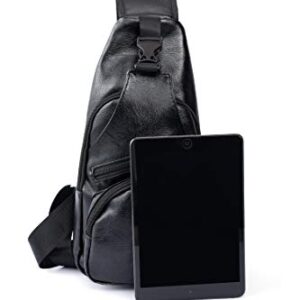 Vintage Men's Leather Sling Bag,Chest Shoulder Backpack, Water waterproof Crossbody Bag with USB Charging Port -Black