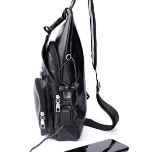 Vintage Men's Leather Sling Bag,Chest Shoulder Backpack, Water waterproof Crossbody Bag with USB Charging Port -Black