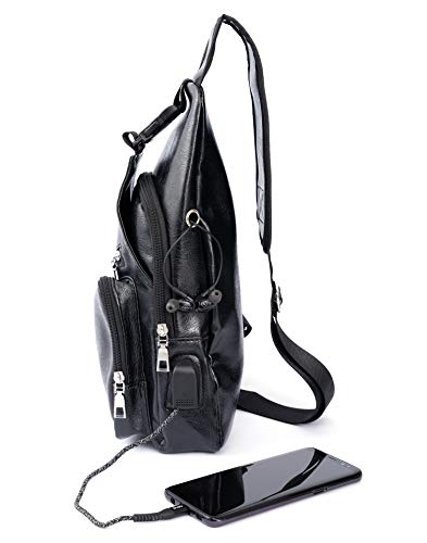 Vintage Men's Leather Sling Bag,Chest Shoulder Backpack, Water waterproof Crossbody Bag with USB Charging Port -Black