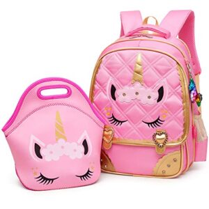 moonmo cute unicorn face diamond bling waterproof pink school backpack set girls book bag (large, pink set)