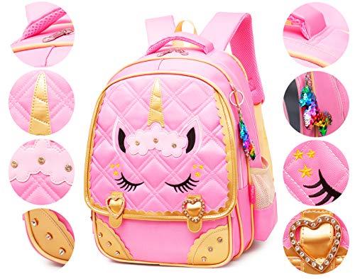 Moonmo Cute Unicorn Face Diamond Bling Waterproof Pink School Backpack Set Girls Book Bag (Large, Pink Set)