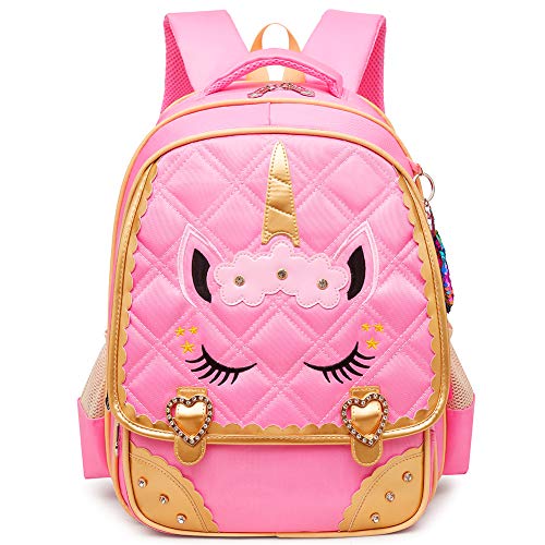 Moonmo Cute Unicorn Face Diamond Bling Waterproof Pink School Backpack Set Girls Book Bag (Large, Pink Set)