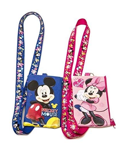 Disney Mickey and Minnie Mouse Drawstring Backpacks Plus Lanyards with Detachable Coin Purse and Autograph Books (Set of 6) (Pink Blue)