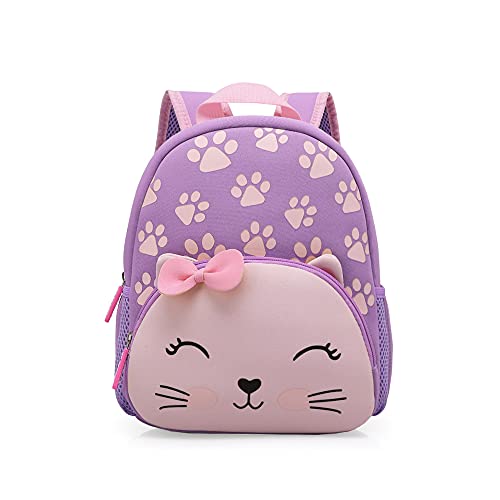 KK CRAFTS Toddler Backpack, Waterproof Preschool Backpack, 3D Cute Cartoon Neoprene Animal Schoolbag for Kids, Lunch Box Carry Bag for Boys Girls,Purple Cat