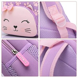 KK CRAFTS Toddler Backpack, Waterproof Preschool Backpack, 3D Cute Cartoon Neoprene Animal Schoolbag for Kids, Lunch Box Carry Bag for Boys Girls,Purple Cat