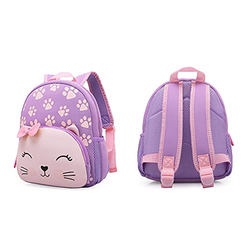 KK CRAFTS Toddler Backpack, Waterproof Preschool Backpack, 3D Cute Cartoon Neoprene Animal Schoolbag for Kids, Lunch Box Carry Bag for Boys Girls,Purple Cat