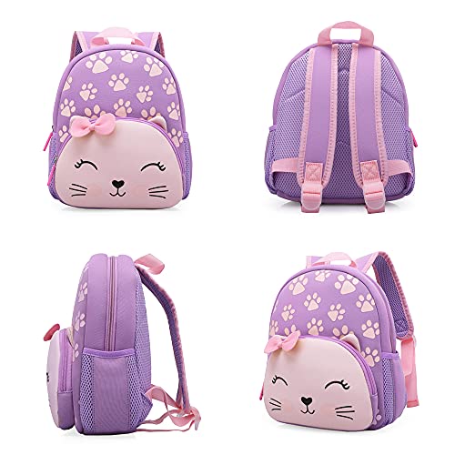 KK CRAFTS Toddler Backpack, Waterproof Preschool Backpack, 3D Cute Cartoon Neoprene Animal Schoolbag for Kids, Lunch Box Carry Bag for Boys Girls,Purple Cat