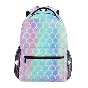 wamika colorful mermaid scale backpacks for girls women, rainbow marble galaxy computer laptop backpack, fish scales kid’s school book bag, casual travel camping daypack