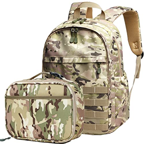 Wraifa Boys Backpack With Lunch Box Waterproof Kids School Bag Outdoor Travel Camping Daypack Camo Backpack for Boys Rucksack(Amy Green With Lunch Box, Small)