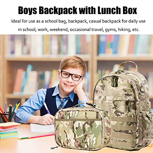 Wraifa Boys Backpack With Lunch Box Waterproof Kids School Bag Outdoor Travel Camping Daypack Camo Backpack for Boys Rucksack(Amy Green With Lunch Box, Small)