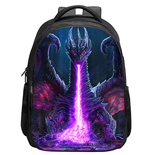 SARA NELL Kids Cool Purple Dragon School Backpack for Boys Girls, Durable Bookbag with 2 Main Compartment, Side Pockets, Kindergarten Elementary Backpack, 15.7 Inches