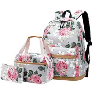 Qomalaya Canvas School Backpack Teens Backpack School Bag Backpack for School Book Bag set (Floral-grey)