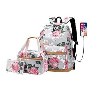 Qomalaya Canvas School Backpack Teens Backpack School Bag Backpack for School Book Bag set (Floral-grey)