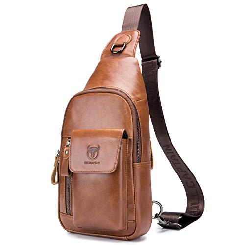 BULLCAPTAIN Genuine Leather Sling Backpack Multi-pocket Chest Bag Crossbody Daypack with Earphone Hole XB-121(Brown)