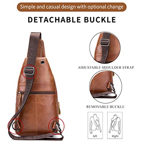 BULLCAPTAIN Genuine Leather Sling Backpack Multi-pocket Chest Bag Crossbody Daypack with Earphone Hole XB-121(Brown)