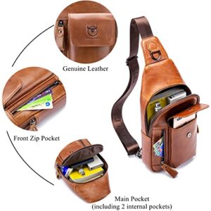 BULLCAPTAIN Genuine Leather Sling Backpack Multi-pocket Chest Bag Crossbody Daypack with Earphone Hole XB-121(Brown)