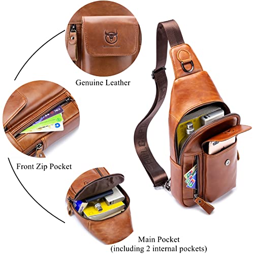 BULLCAPTAIN Genuine Leather Sling Backpack Multi-pocket Chest Bag Crossbody Daypack with Earphone Hole XB-121(Brown)