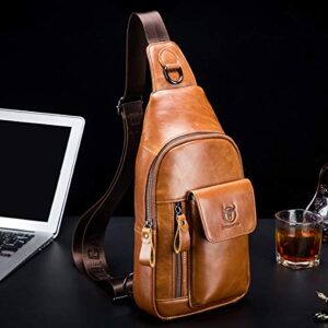 BULLCAPTAIN Genuine Leather Sling Backpack Multi-pocket Chest Bag Crossbody Daypack with Earphone Hole XB-121(Brown)