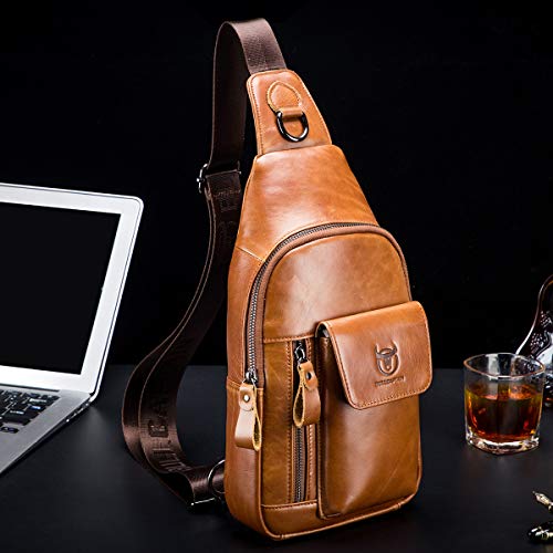 BULLCAPTAIN Genuine Leather Sling Backpack Multi-pocket Chest Bag Crossbody Daypack with Earphone Hole XB-121(Brown)