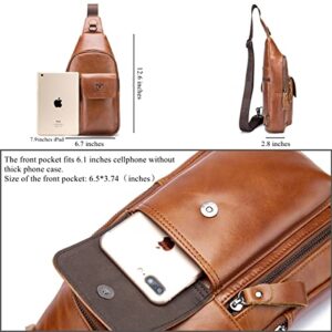 BULLCAPTAIN Genuine Leather Sling Backpack Multi-pocket Chest Bag Crossbody Daypack with Earphone Hole XB-121(Brown)