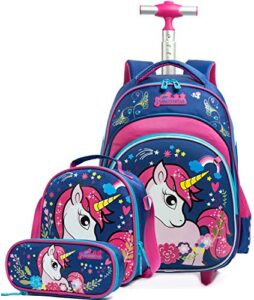 meetbelify girls unicorn rolling backpacks kids backpack with wheels for girls school bags with lunch box