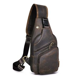 Le'aokuu Men Fashion Casual Tea Designer Travel Hiking Crossbody Chest Sling Bag Rig One Shoulder Strap Bag Men Leather Backpack 8015 (Brown)