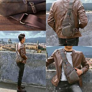 Le'aokuu Men Fashion Casual Tea Designer Travel Hiking Crossbody Chest Sling Bag Rig One Shoulder Strap Bag Men Leather Backpack 8015 (Brown)