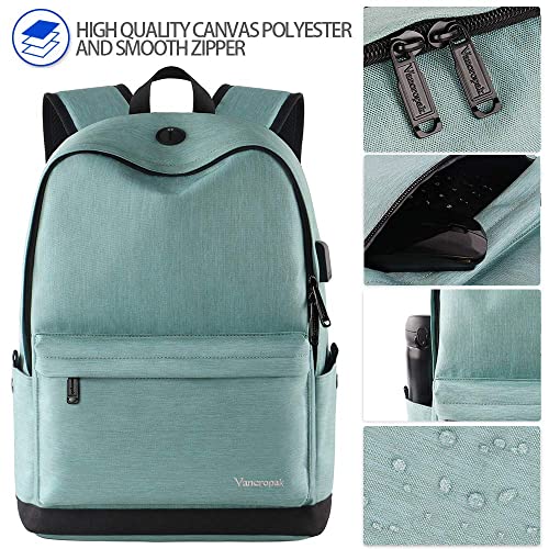 Vancropak Water Resistant Backpack for College 17inch Laptop Compartment,College Back Pack with USB Charging Port,Rucksack Canvas Backpack for Women Storage Notebook Travel Hiking Daypack,Cyan