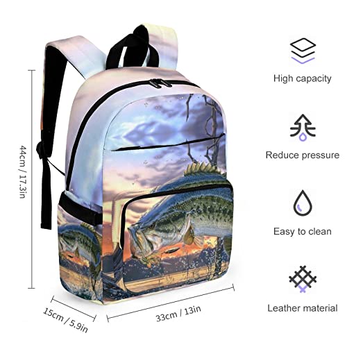 COLORFULSKY Pike Fish Fishing Backpack, PU Leather Travel Laptop Backpack with USB Charging Port, Water Resistant College School Computer Bag for Men & Women Fits 15.6 Inch Notebook