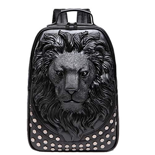 kiisy 3D Lion Laptop Backpack Unique Designer PU Leather Fashion Travel Rivet Punk Backpack (black)