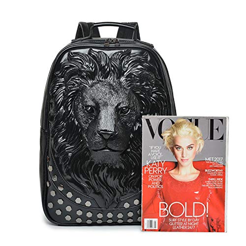 kiisy 3D Lion Laptop Backpack Unique Designer PU Leather Fashion Travel Rivet Punk Backpack (black)