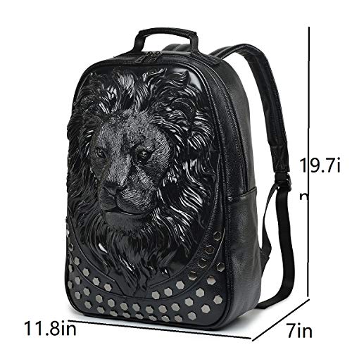 kiisy 3D Lion Laptop Backpack Unique Designer PU Leather Fashion Travel Rivet Punk Backpack (black)