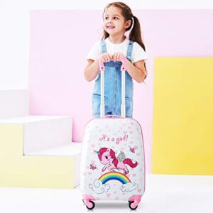 HONEY JOY 2 Pcs Kids Carry On Luggage, 12" School Backpack & 17" Rolling Suitcase, Waterproof Hard Shell Travel Case with Spinner Wheels, Gift for Boys Girls Overnight Travel, Pink Unicorn