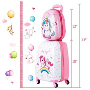 HONEY JOY 2 Pcs Kids Carry On Luggage, 12" School Backpack & 17" Rolling Suitcase, Waterproof Hard Shell Travel Case with Spinner Wheels, Gift for Boys Girls Overnight Travel, Pink Unicorn