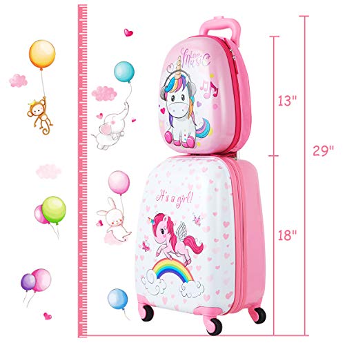 HONEY JOY 2 Pcs Kids Carry On Luggage, 12" School Backpack & 17" Rolling Suitcase, Waterproof Hard Shell Travel Case with Spinner Wheels, Gift for Boys Girls Overnight Travel, Pink Unicorn