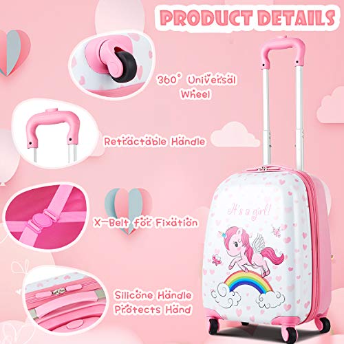 HONEY JOY 2 Pcs Kids Carry On Luggage, 12" School Backpack & 17" Rolling Suitcase, Waterproof Hard Shell Travel Case with Spinner Wheels, Gift for Boys Girls Overnight Travel, Pink Unicorn